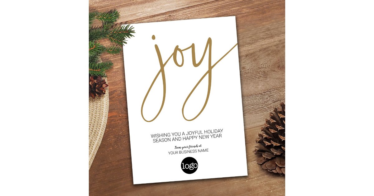Script JOY - Gold White - Business Logo Holiday Card | Zazzle