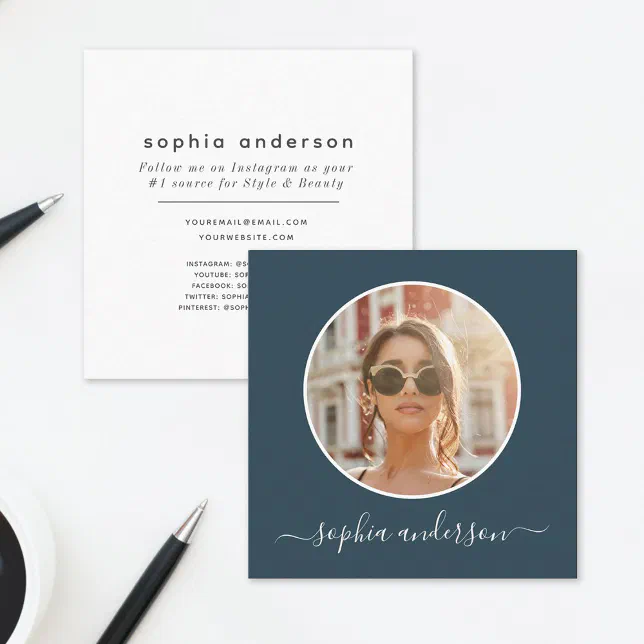 Script Modern Chic Photo Vintage Blue Social Media Calling Card | Zazzle