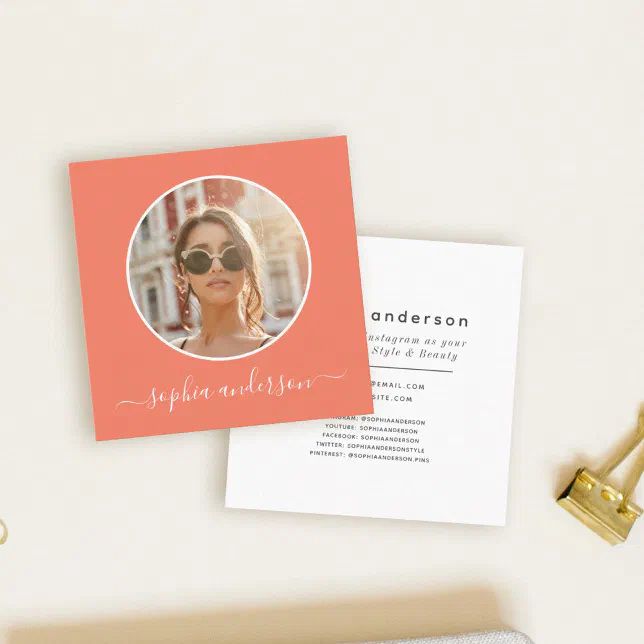 Script Modern Chic Trendy Coral Photo Social Media Calling Card | Zazzle