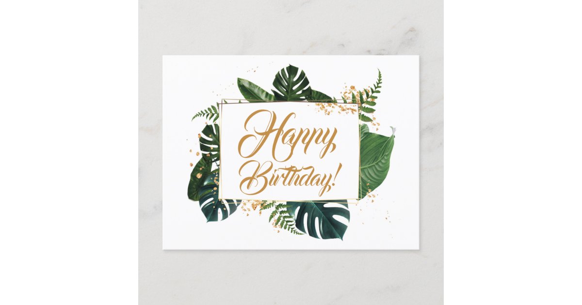 Script Modern Green Leaves Happy Birthday Postcard | Zazzle
