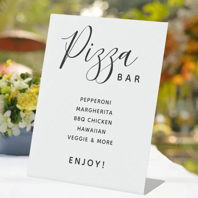 Script Modern Wedding Pizza Bar Pedestal Sign | Zazzle
