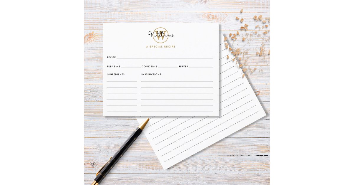 Script Name Gold Monogram Recipe Card | Zazzle