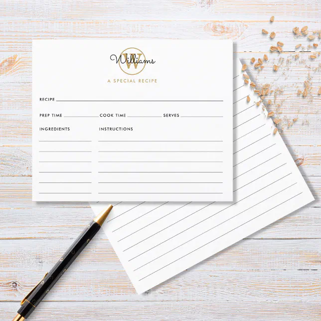Script Name Gold Monogram Recipe Card | Zazzle