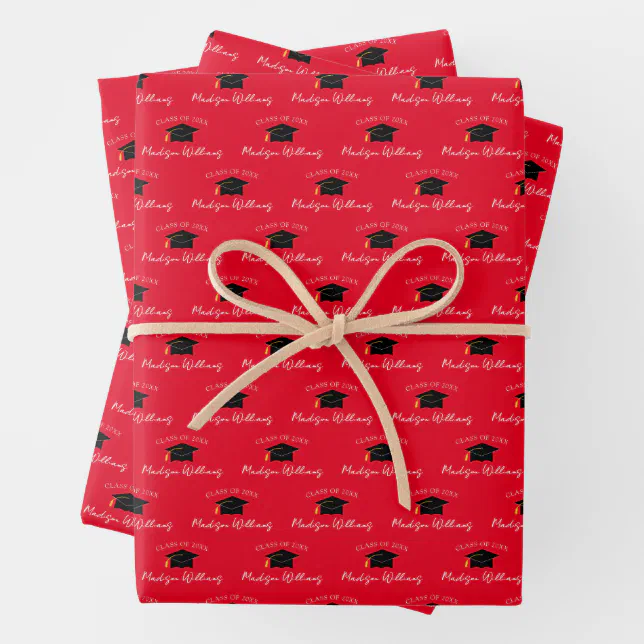 Script Name Graduation Cap Class Year Red Wrapping Paper Sheets | Zazzle
