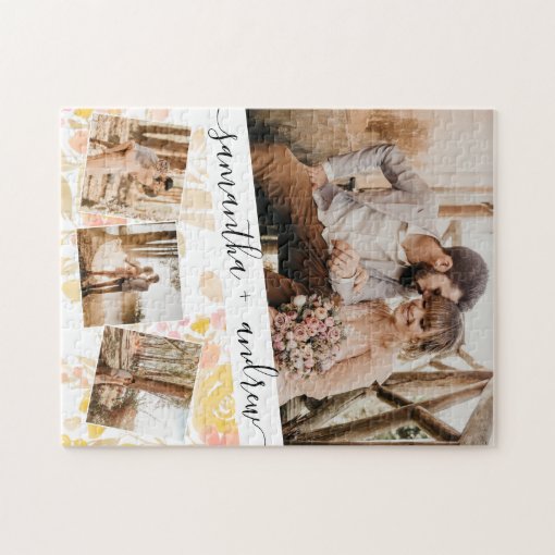 Script names 4 photo collage grid floral wedding jigsaw puzzle | Zazzle