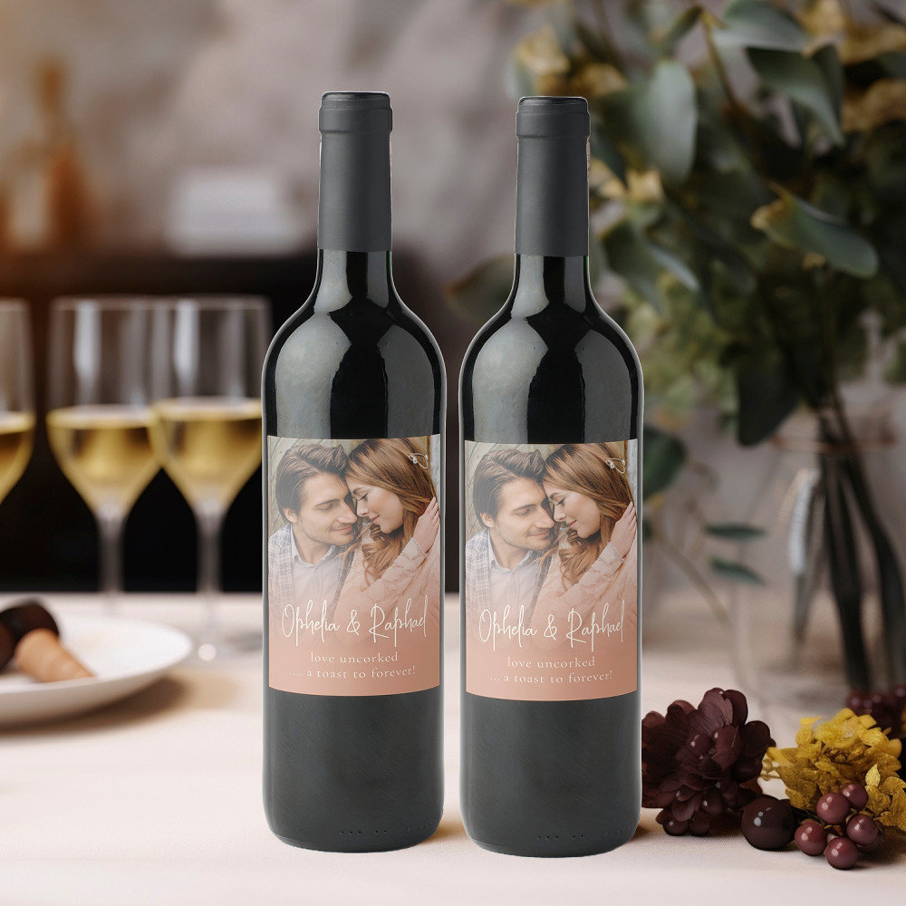 Script Names Photo Overlay Terracotta Wedding Wine Label - Snuggle ...