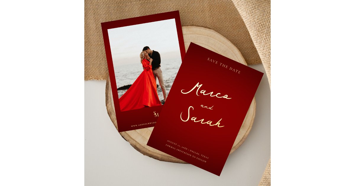 Script Names | Red and Gold Wedding Save the Date Foil Invitation | Zazzle