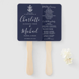 Script Navy Blue Anchor Nautical Wedding Program Hand Fan | Zazzle