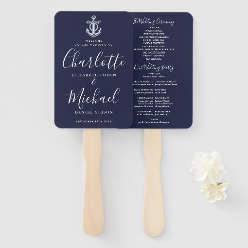 Script Navy Blue Anchor Nautical Wedding Program Hand Fan | Zazzle