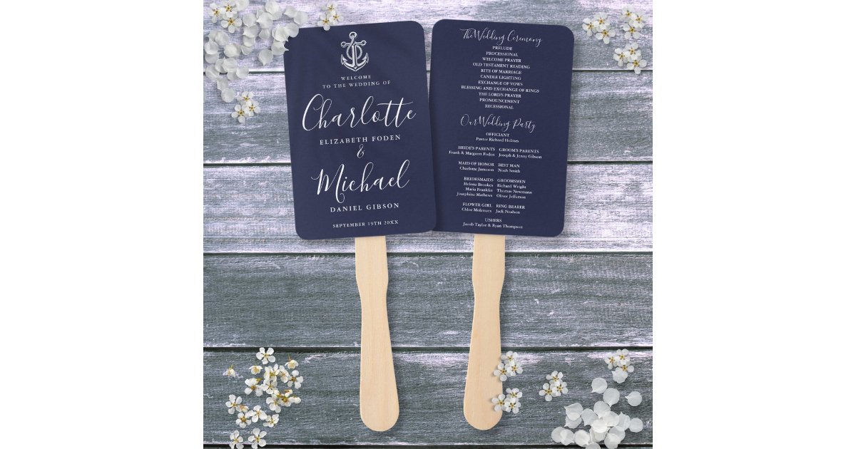 Script Navy Blue Anchor Nautical Wedding Program Hand Fan | Zazzle