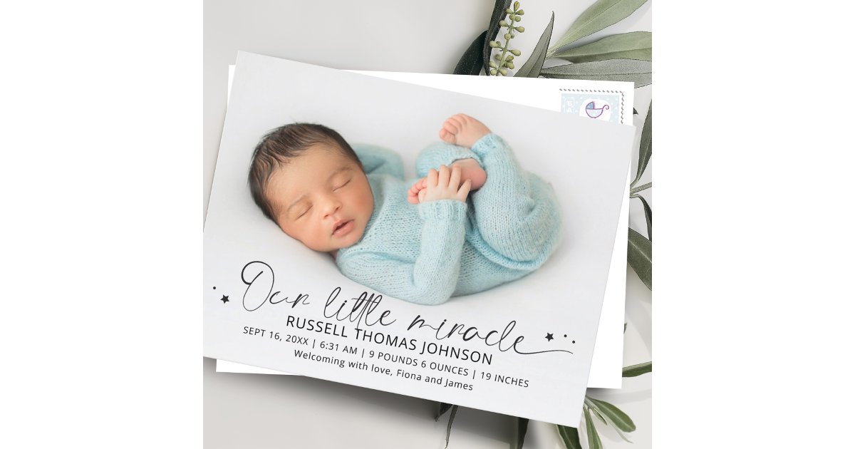 Script Our Little Miracle 2 Photos Birth Announcement Postcard | Zazzle