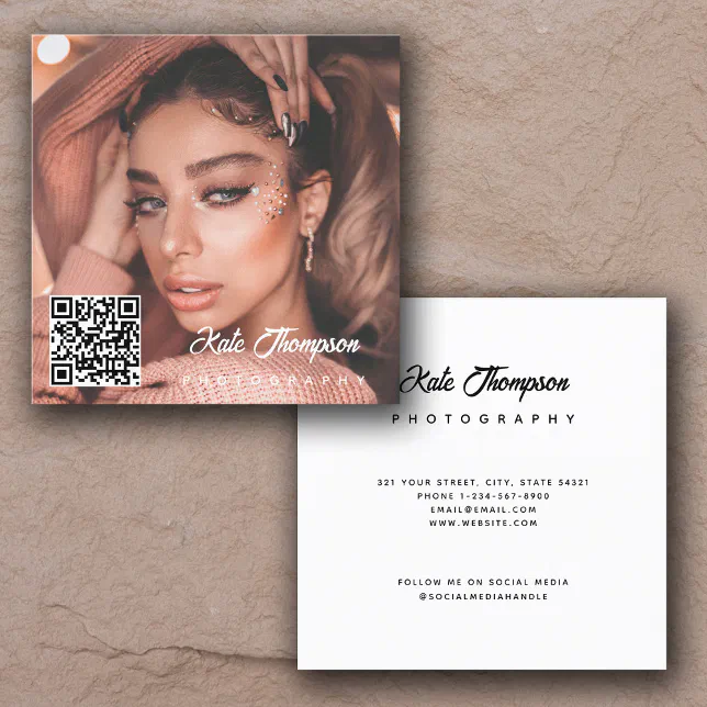 Script Photo QR Code Social Media Photography Square Business Card | Zazzle