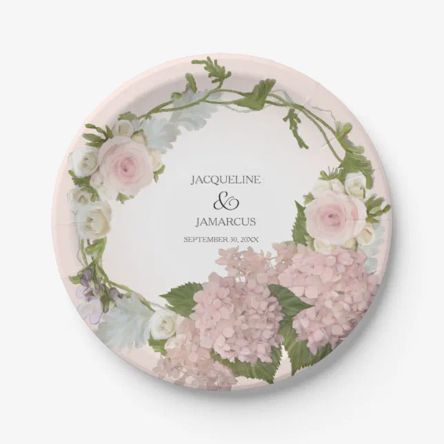 Script Pretty Hydrangea Floral Wreath Hand Painted Paper Plates | Zazzle