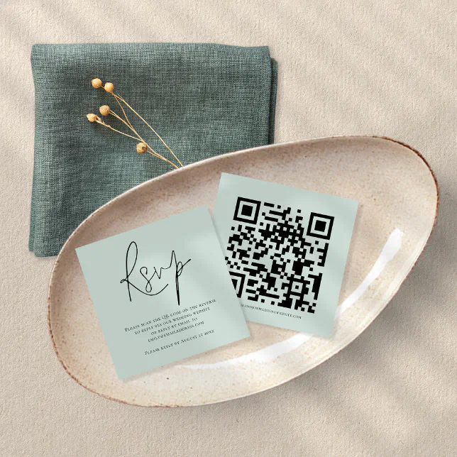 Script QR Code Mint Green Wedding RSVP Enclosure Card | Zazzle