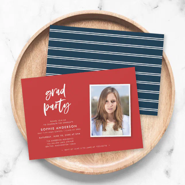 Script Red and Blue Photo Graduation Party Invitation | Zazzle