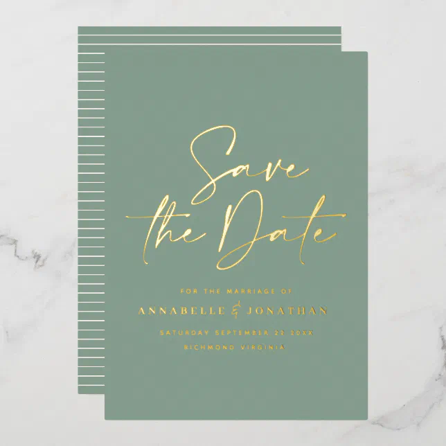 script sage green foil wedding save the date foil invitation | Zazzle