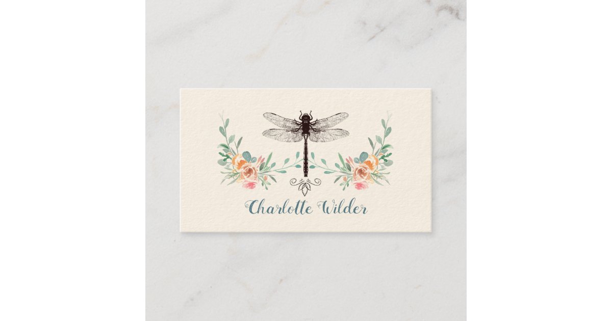 Script Signature Personalized Dragonfly Floral Calling Card | Zazzle