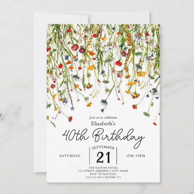 Script Spring Wildflowers 40th birthday Invitation | Zazzle