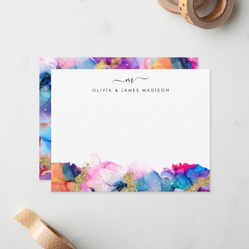 Script Swash Monogram Couple Rainbow Alcohol Ink Note Card | Zazzle