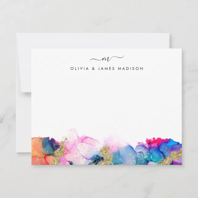 Script Swash Monogram Couple Rainbow Alcohol Ink Note Card | Zazzle