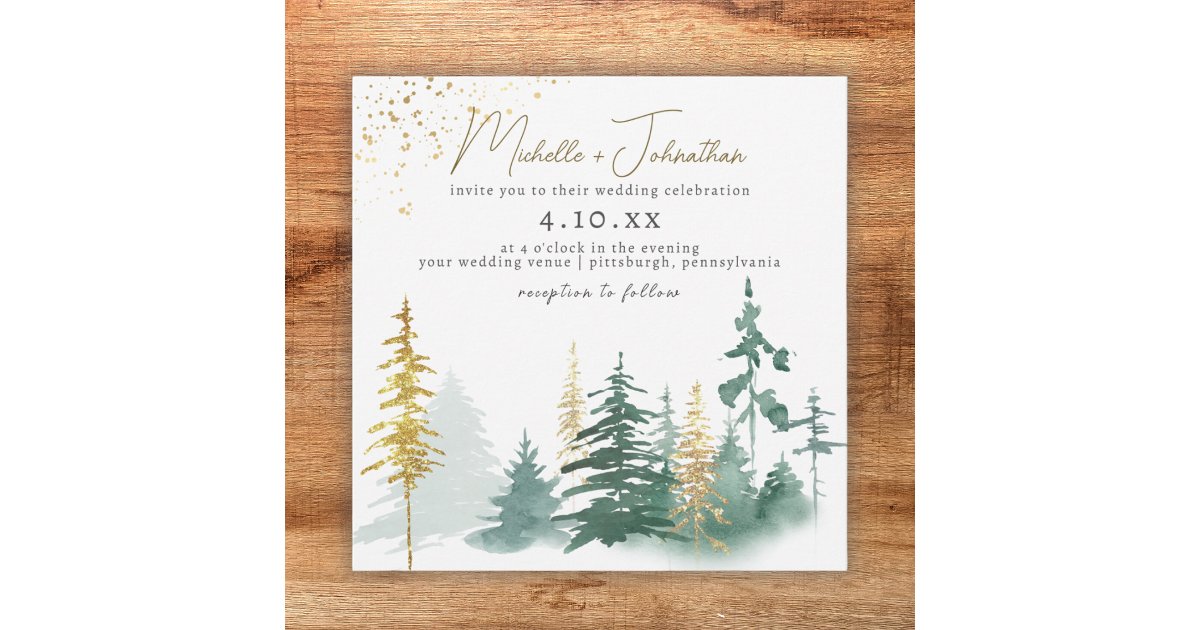 Script Trendy Gold Green Forest Rustic Wedding Invitation | Zazzle