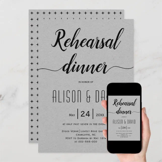 Script typography gray wedding rehearsal dinner invitation | Zazzle