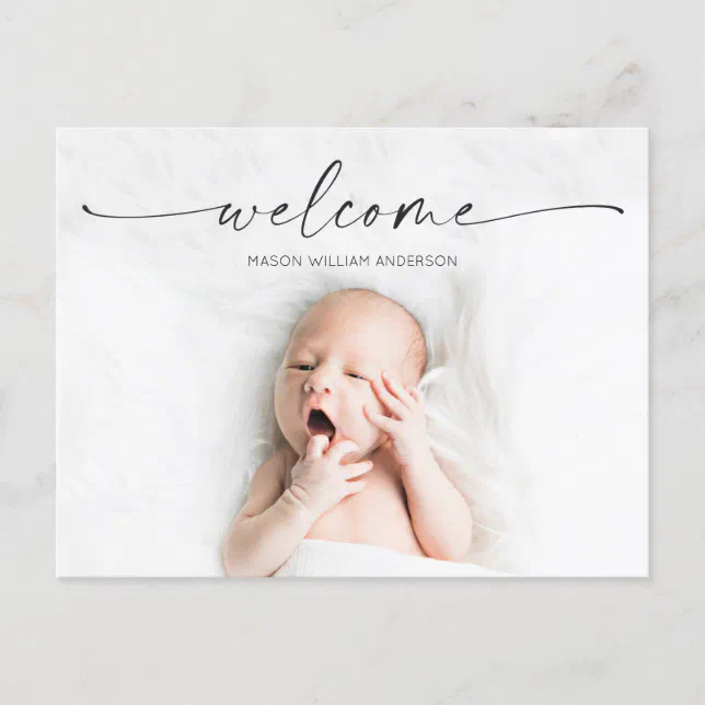 Script Welcome Baby Birth Announcement Photo Postcard | Zazzle