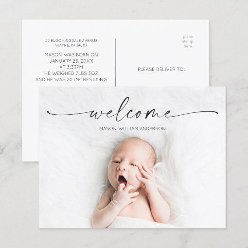 Script Welcome Baby Birth Announcement Photo Postcard | Zazzle