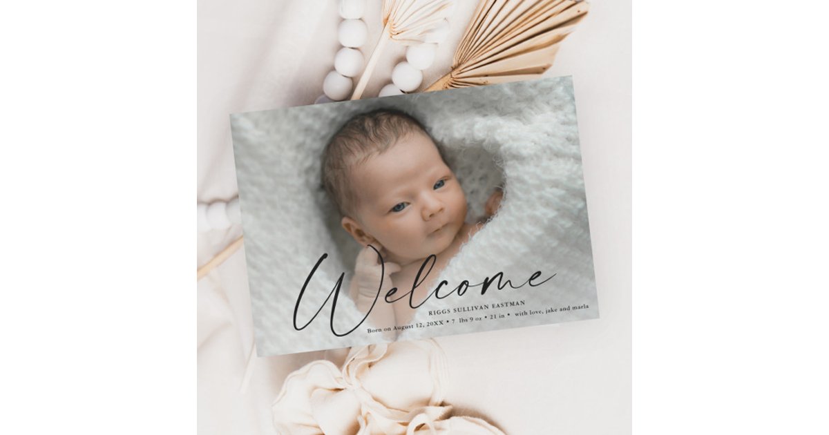 Script Welcome Baby Photo Birth Announcement | Zazzle