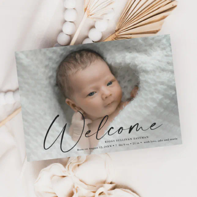Script Welcome Baby Photo Birth Announcement | Zazzle