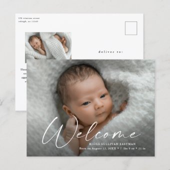 Script Welcome Baby Photo Birth Thank You Postcard | Zazzle