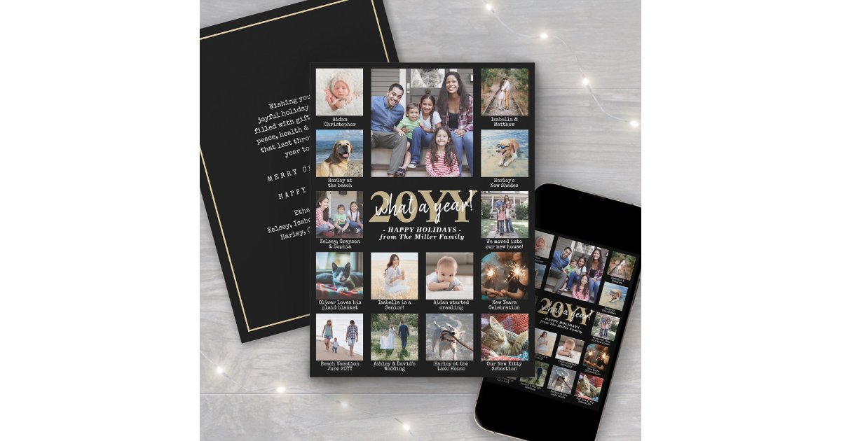 Script What a Year! 15 Photo Collage Black & Gold Holiday Card | Zazzle