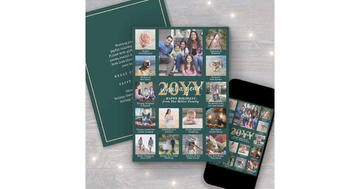 Script What a Year! 15 Photo Collage Green & Gold Holiday Card | Zazzle