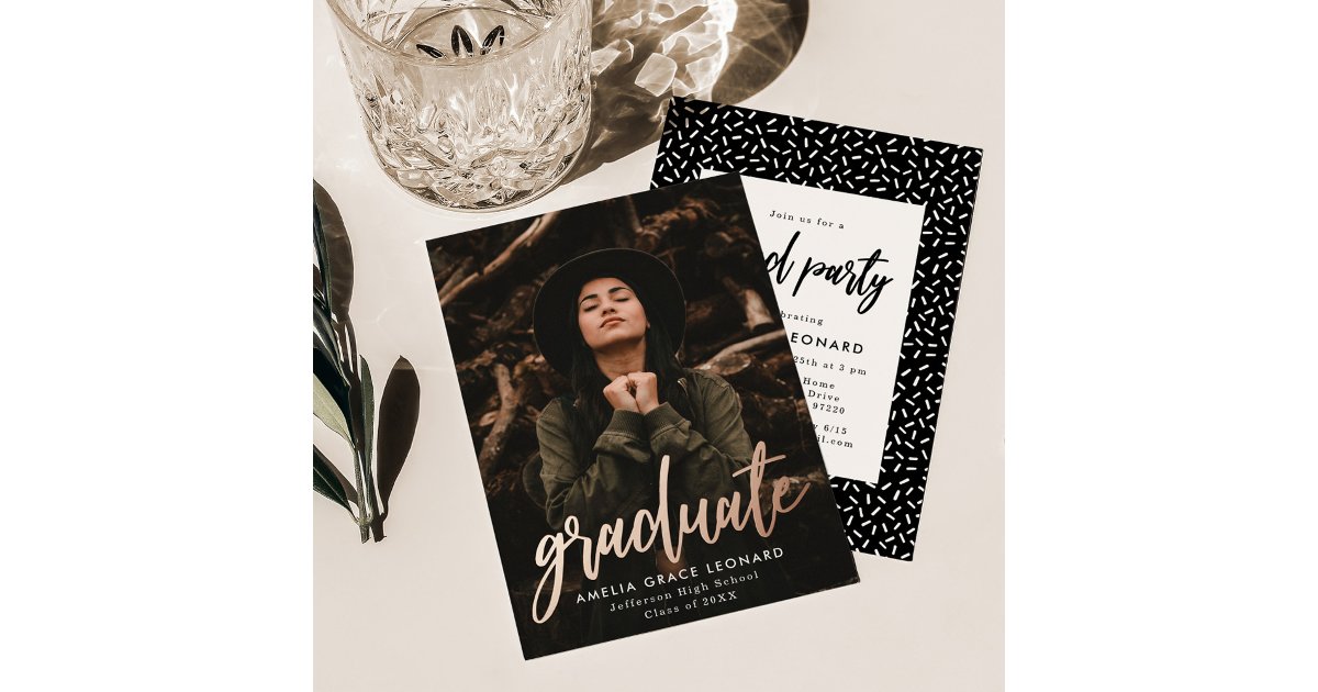 Scripted Rose Gold Foil Photo Graduation Party Foil Invitation | Zazzle