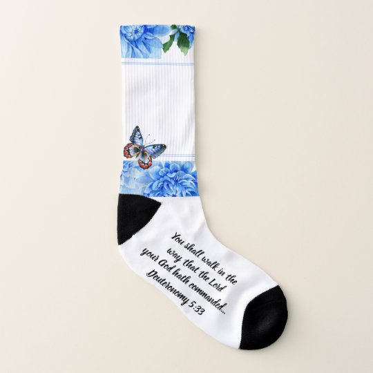 Scripture Quote Blue Dahlia Flowers Butterfly Socks | Zazzle.com