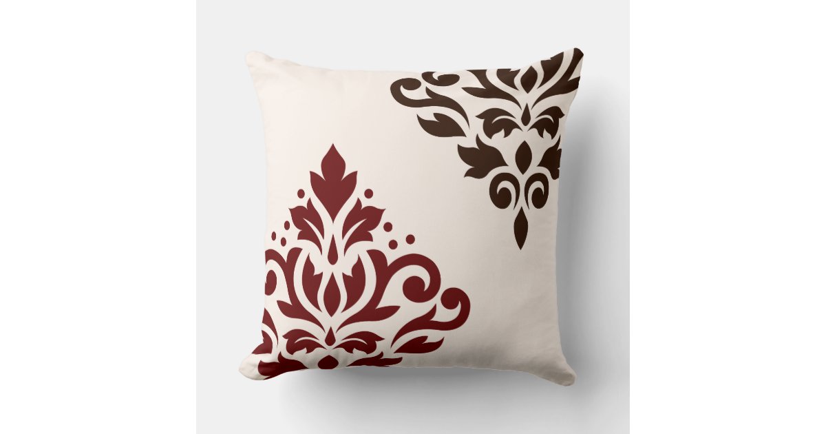Scroll Damask Art I Red & Brown on Cream Throw Pillow | Zazzle