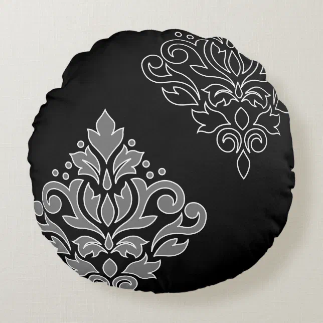 Scroll Damask Art I White Line Gray Black Round Pillow | Zazzle