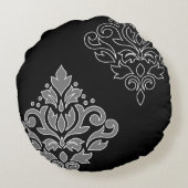 Scroll Damask Art I White Line Gray Black Round Pillow | Zazzle