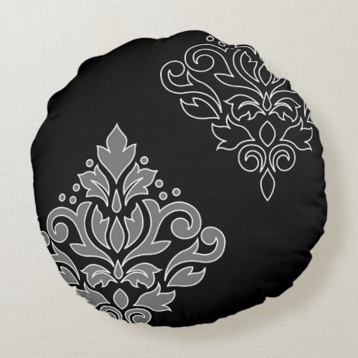 Scroll Damask Art I White Line Gray Black Round Pillow | Zazzle