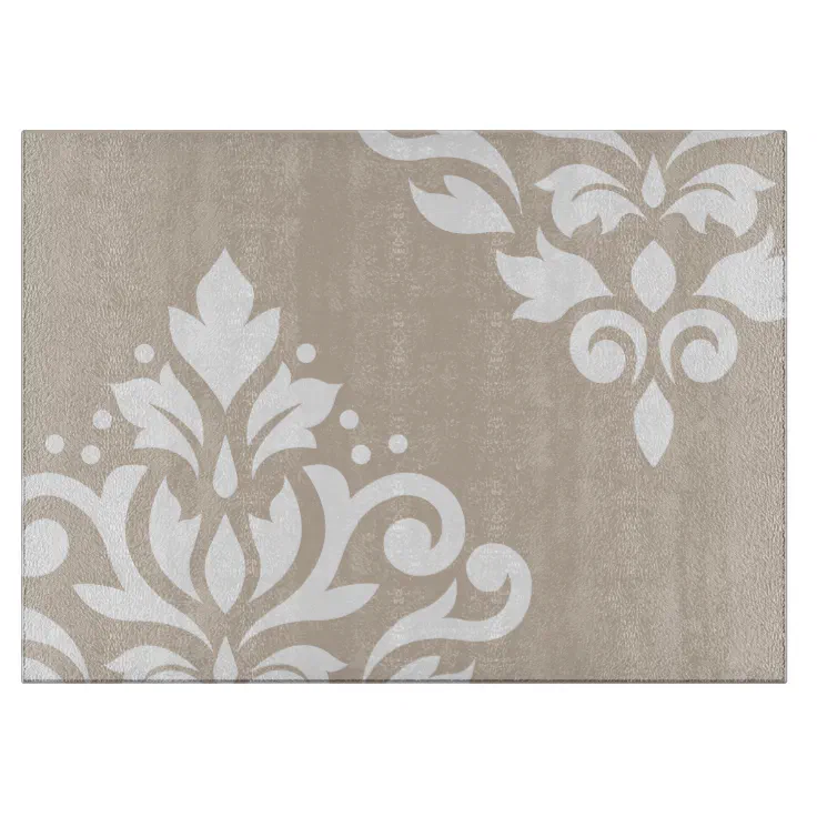 Scroll Damask Art I White on Light Taupe Cutting Board | Zazzle