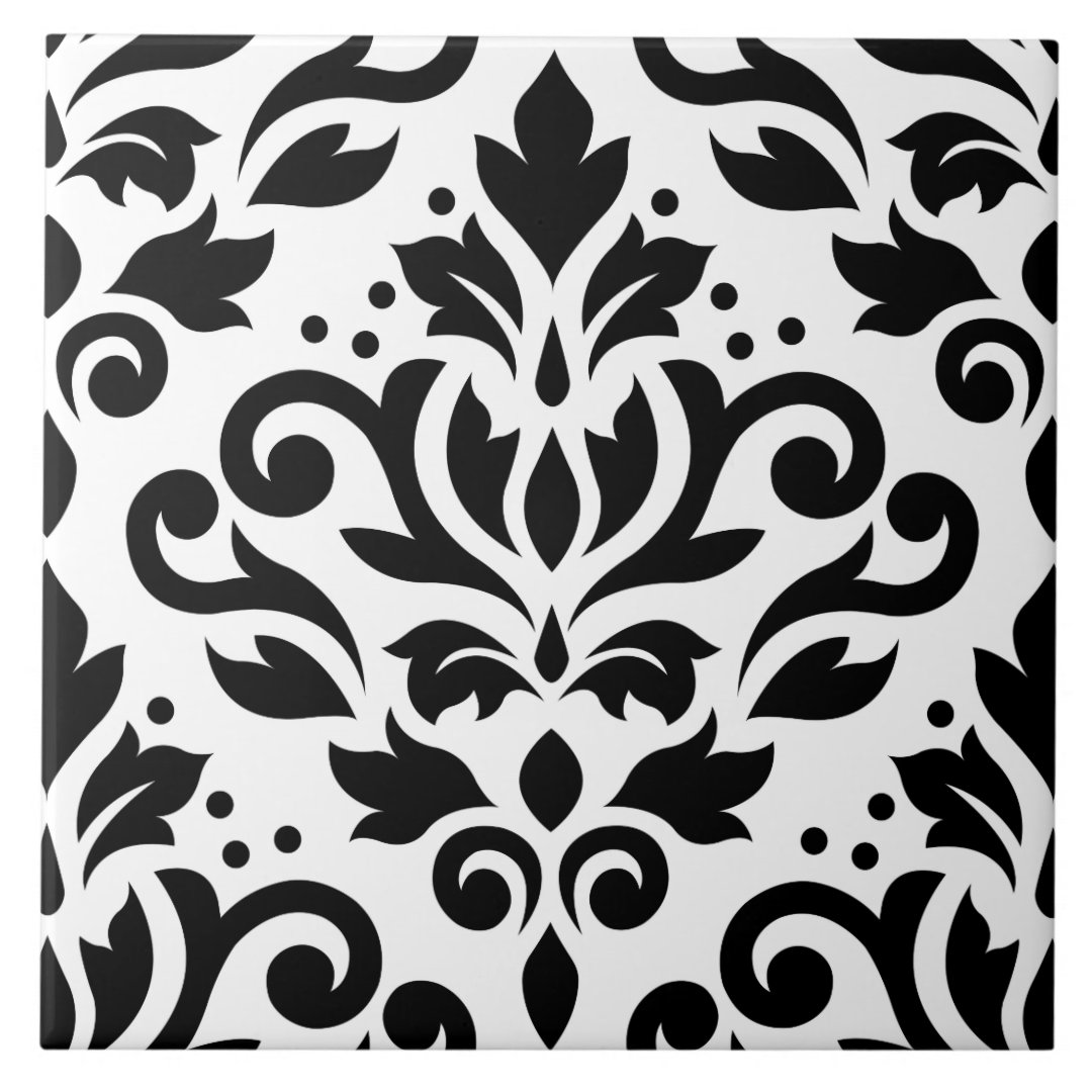Scroll Damask Large Design Black on White Tile | Zazzle