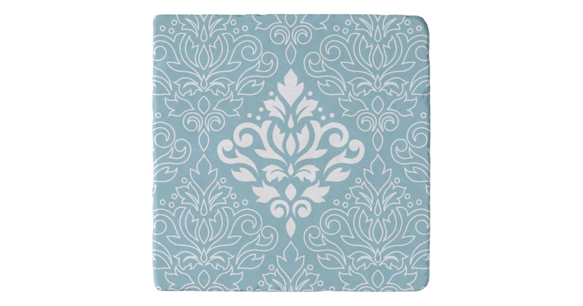 Scroll Damask Lg Pattern Mid White+Line on Blue Trivet | Zazzle