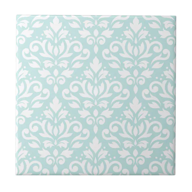 Scroll Damask Lg Ptn White on Duck Egg Blue Ceramic Tile | Zazzle