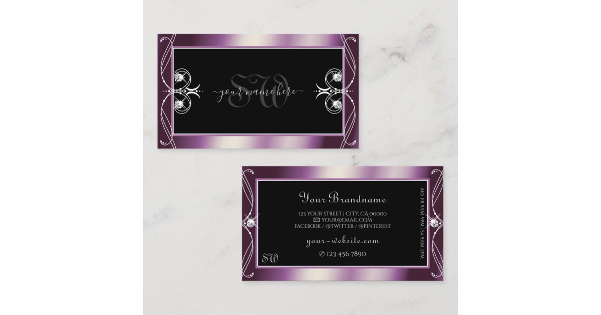 Scrollwork Black Purple Sparkle Diamonds Monogram Business Card | Zazzle