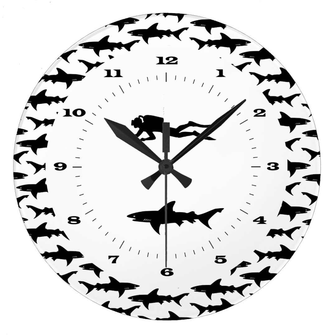 Scuba Diver and School of Sharks Danger Zone Large Clock | Zazzle