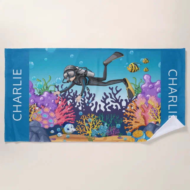 Scuba Diver custom name beach towel | Zazzle