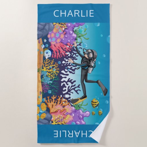 Scuba Diver custom name beach towel | Zazzle