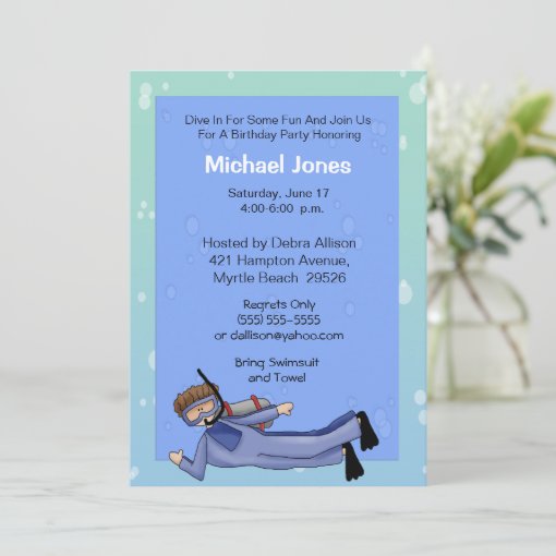 Scuba Diver Pool Party Birthday Invitation | Zazzle