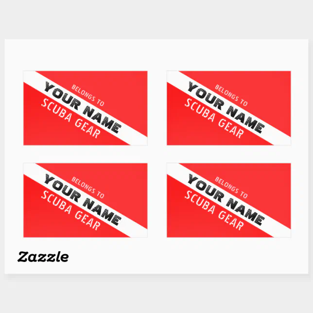 SCUBA DIVERS. PERSONAL SCUBA GEAR. NAME RED FLAG RECTANGULAR STICKER ...