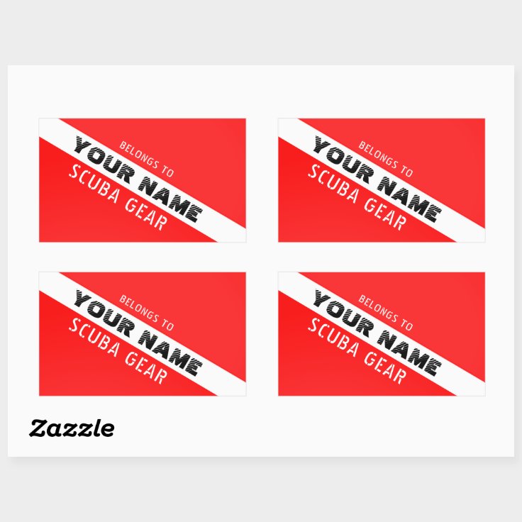 SCUBA DIVERS. PERSONAL SCUBA GEAR. NAME RED FLAG RECTANGULAR STICKER ...